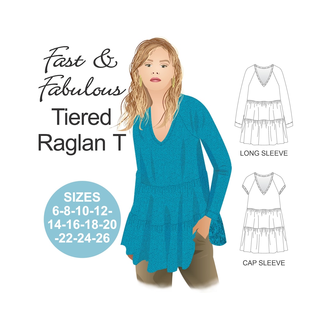 Tiered Raglan T-shirt Sewing Pattern: V-neck, Plus Size (digital ...