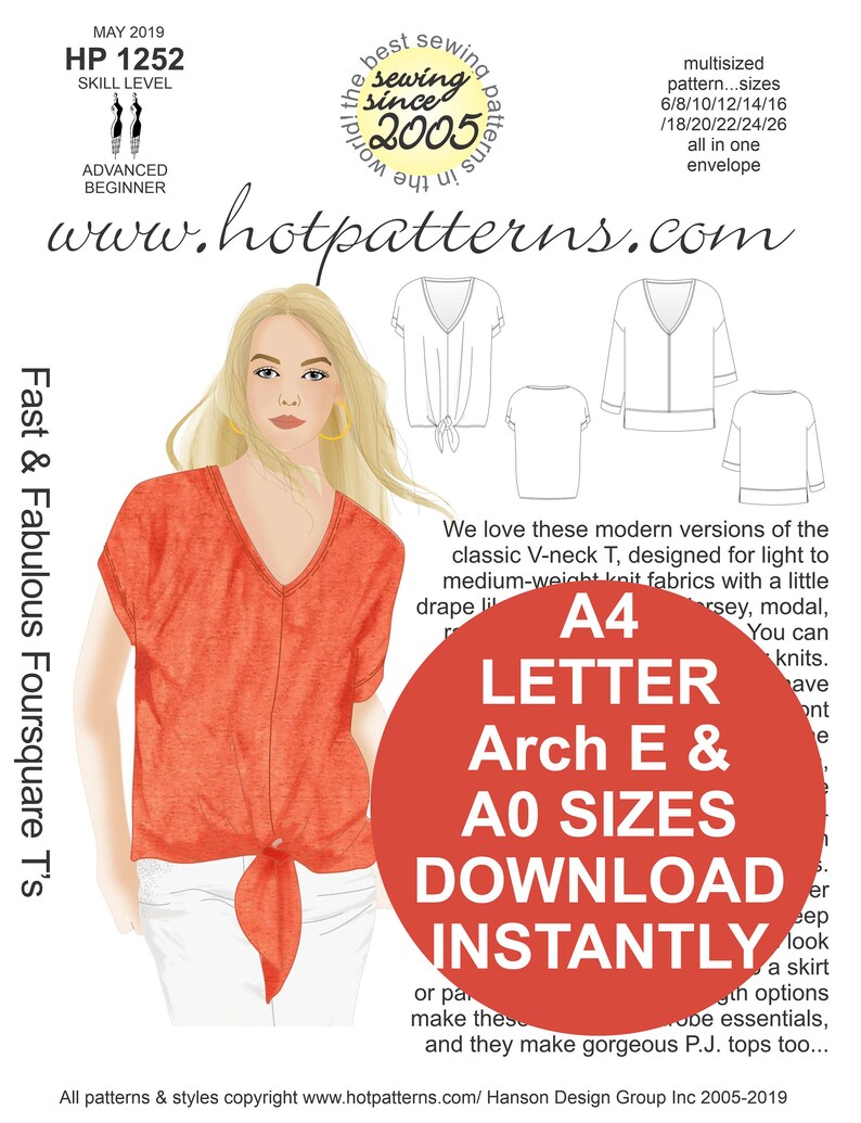 EASY T-shirt Sewing Pattern. Foursquare T's. Tie Front T. V-neck T ...