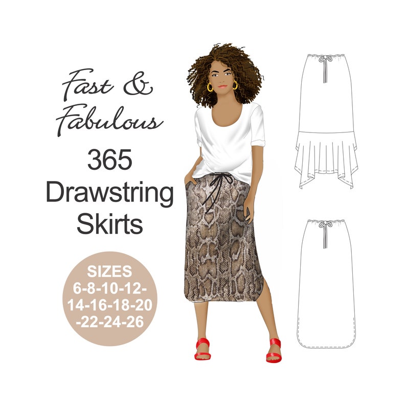 Easy-to-sew Skirt Sewing Pattern. Elastic Waist Pattern. Drawstring
