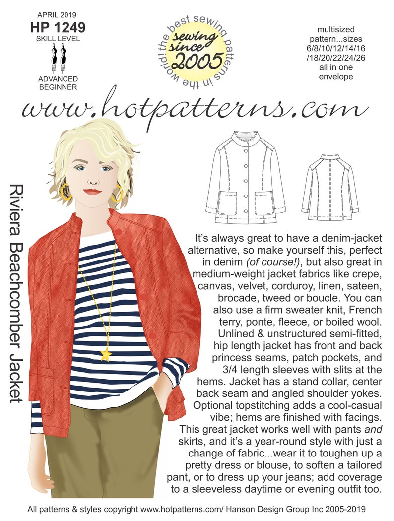 Riviera Beachcomber Jacket Sewing Pattern: Semi-fitted Design (sizes 6 ...