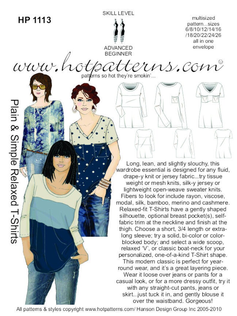 EASY T-shirt Sewing Pattern. Relaxed T. Boat Neck T. V-neck T. Scoop ...
