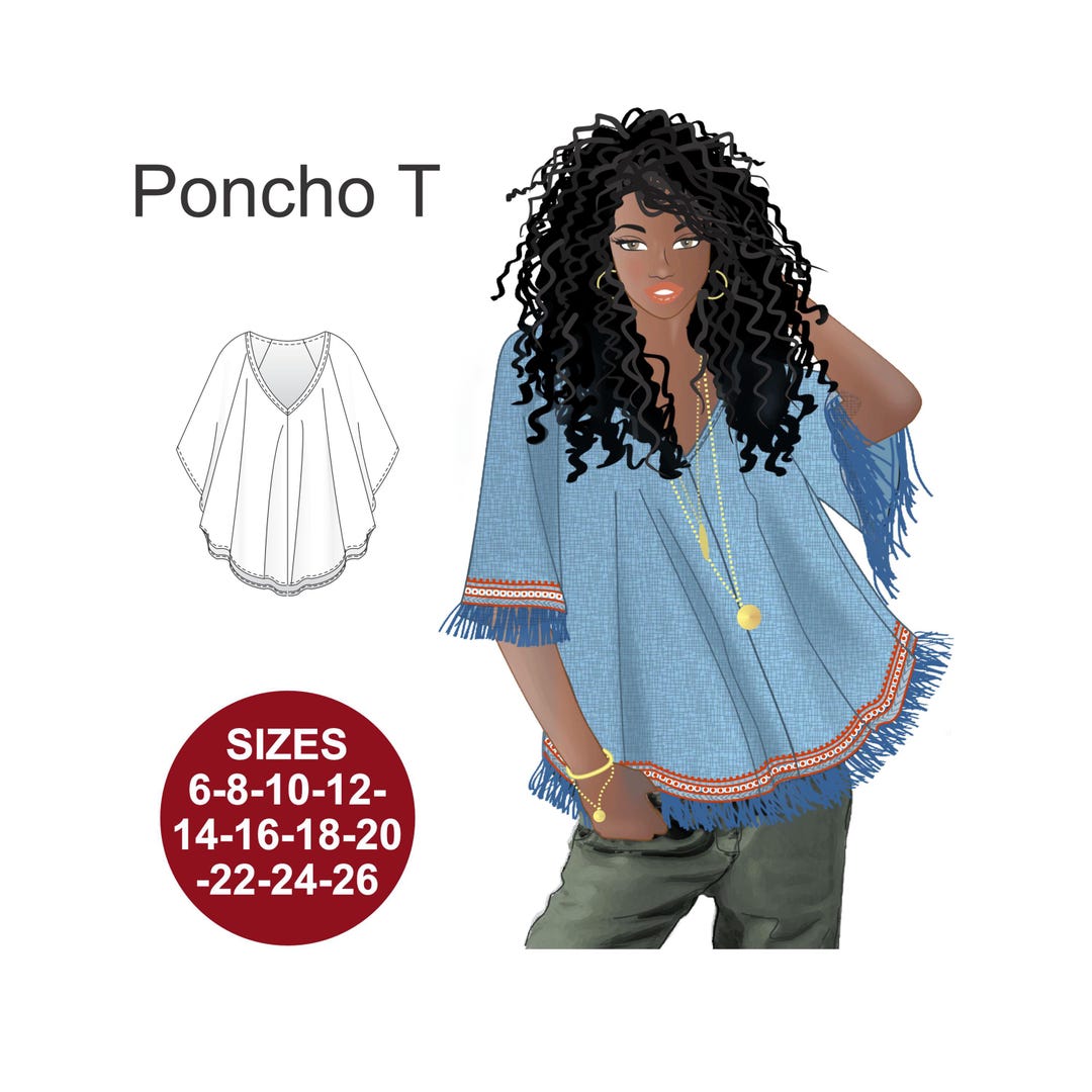 Easy Poncho T-shirt Sewing Pattern: V-neck, Fringe Hem (digital ...