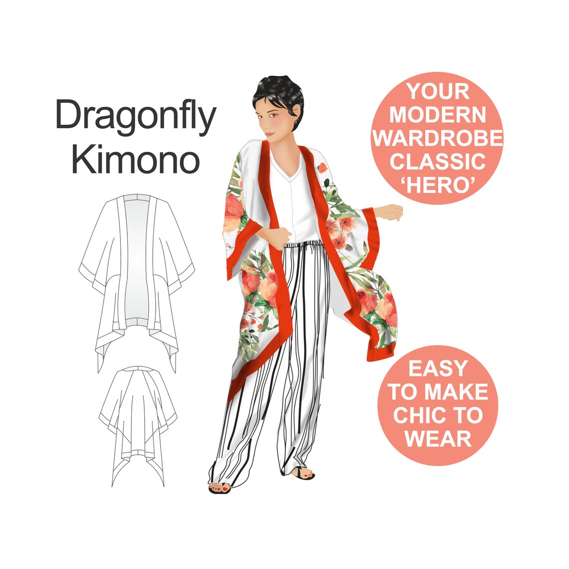 Dragonfly Kimono Sewing Pattern: Waterfall Edge, Plus Size (PDF ...