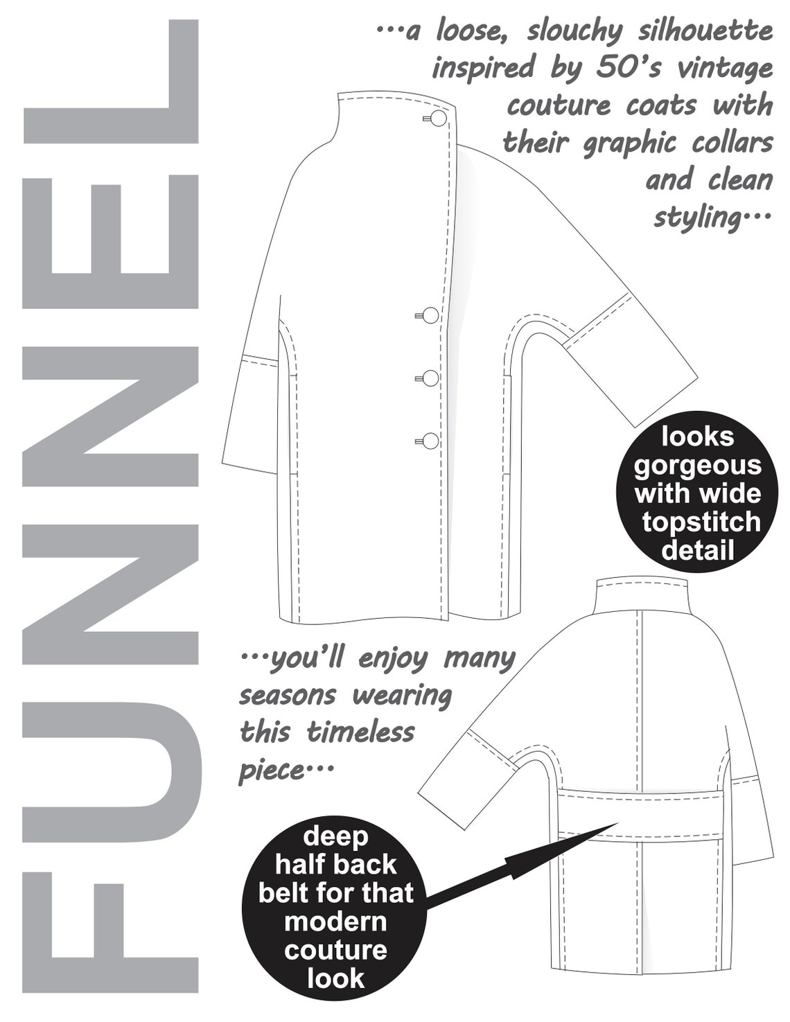 Coat Sewing Pattern. Easy Coat Pattern. Funnel Coat. Minimalist Coat ...