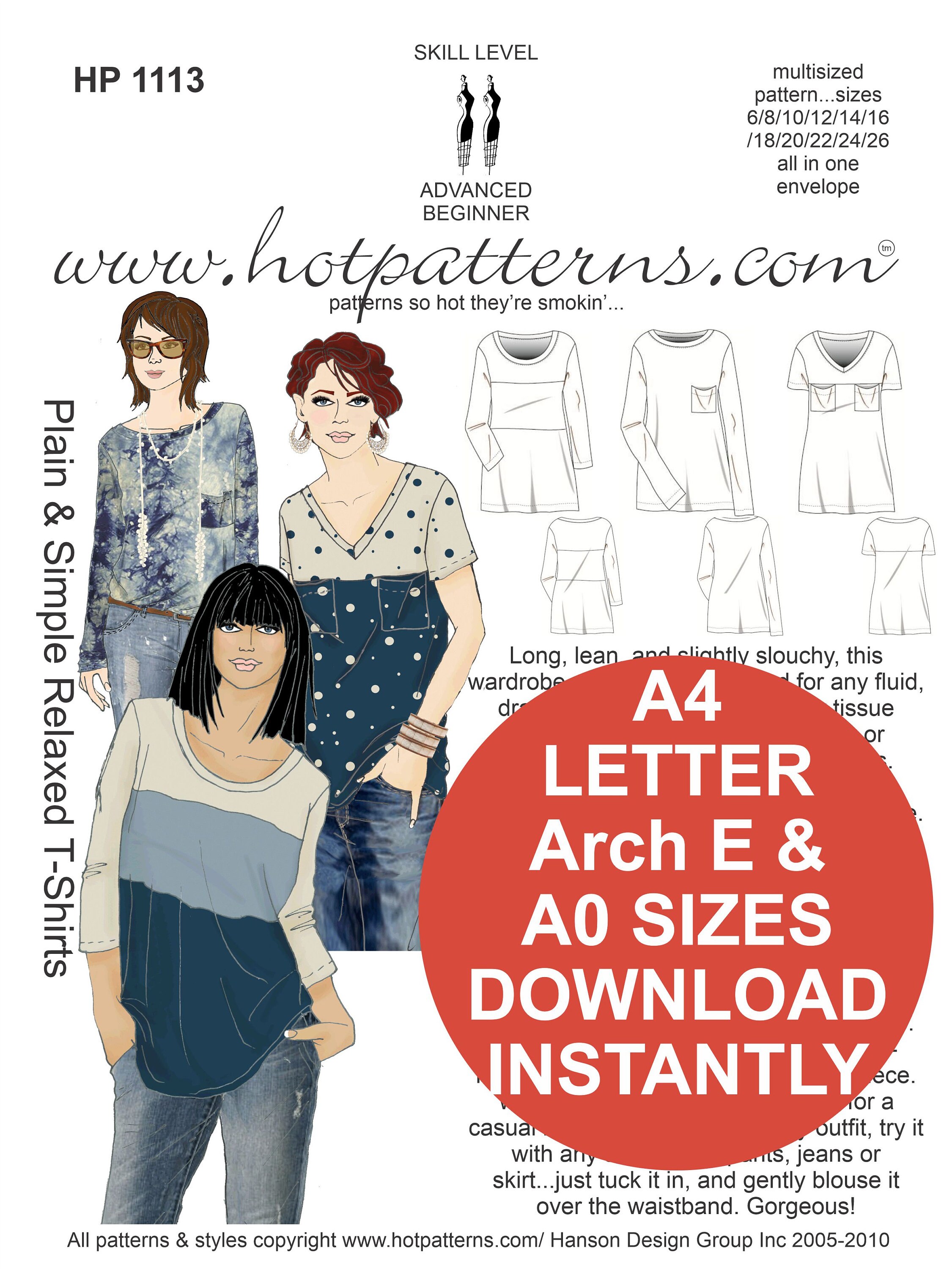 EASY T-shirt Sewing Pattern. Relaxed T. Boat Neck T. V-neck T. Scoop ...