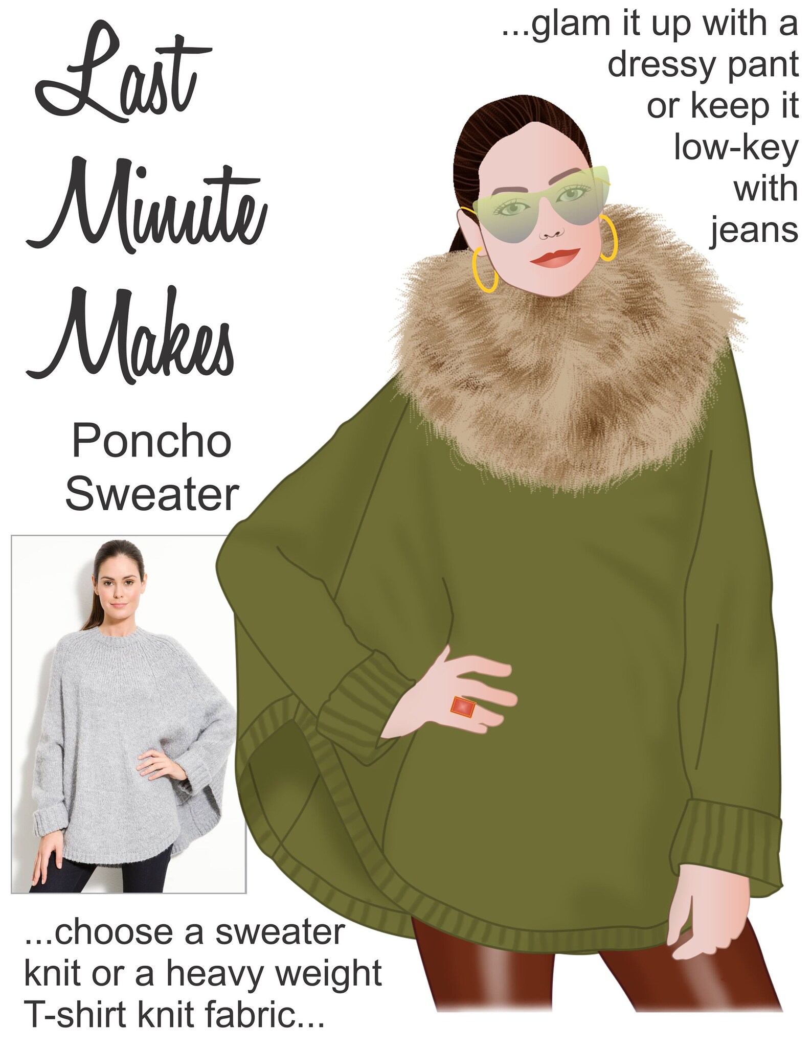 Boho Poncho Sweater Sewing Pattern: Fur Collar, Easy Beginner (PDF ...