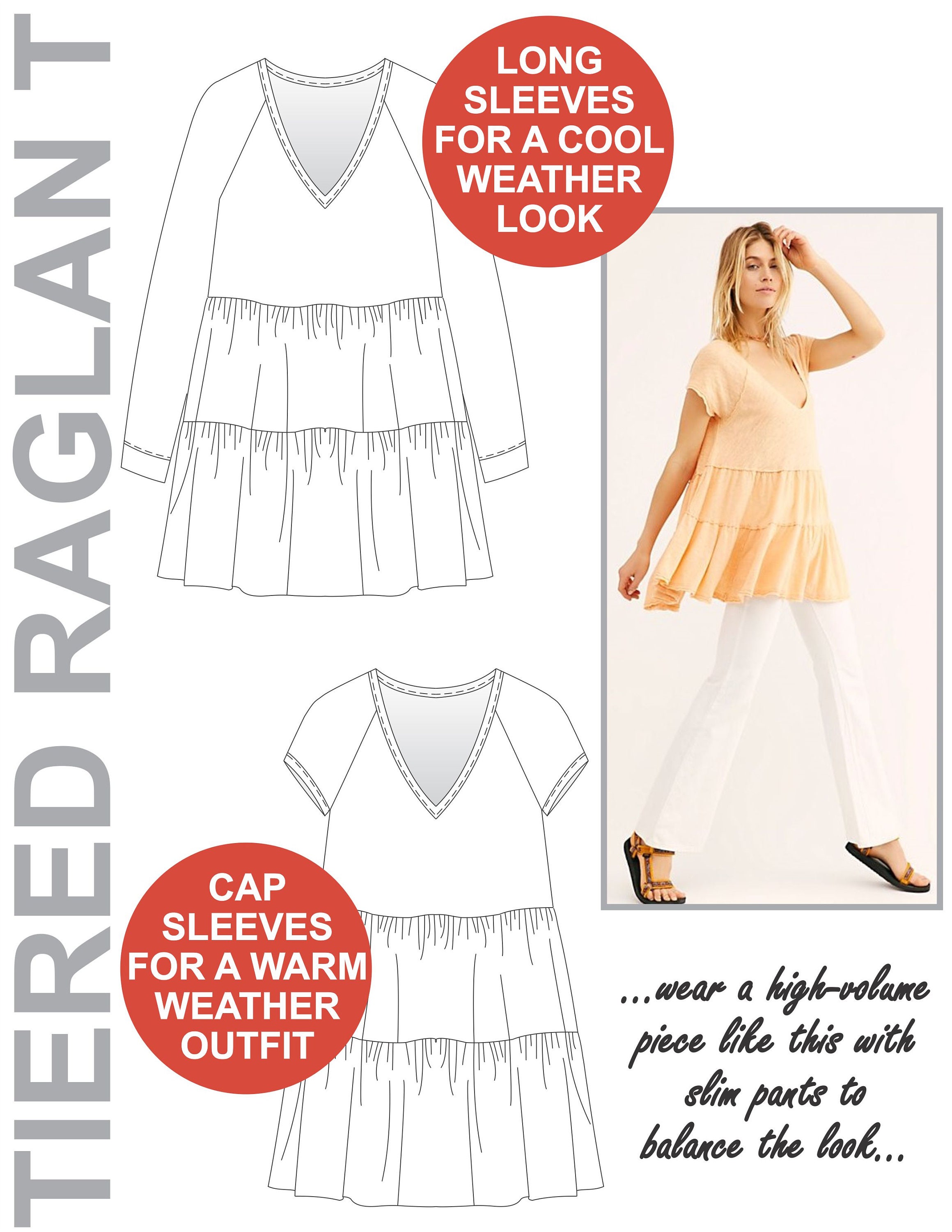 Tiered Raglan T-shirt Sewing Pattern: V-neck, Plus Size (digital ...