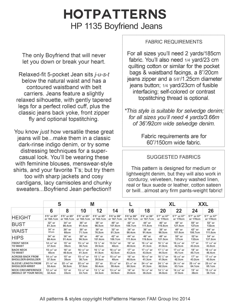 Hotpatterns Sizes 6-26 BOYFRIEND JEANS Pattern. PDF Pattern for ...