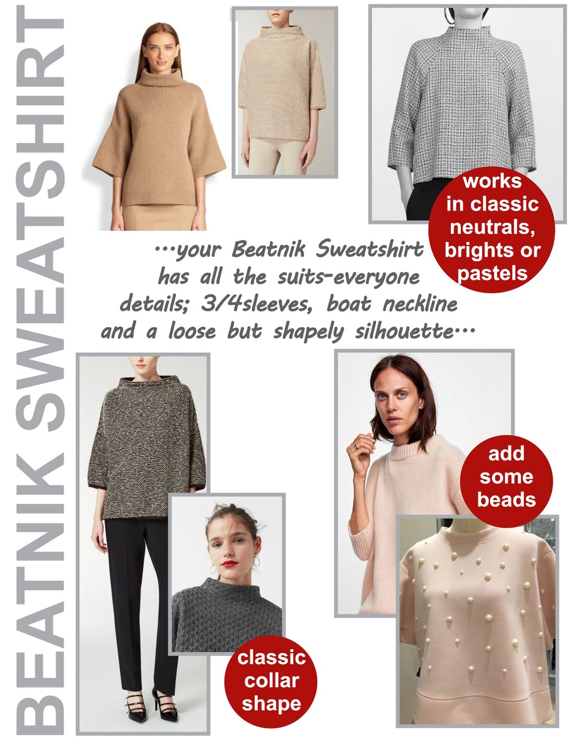 Retro Beatnik Sweatshirt Sewing Pattern: Dolman Sleeve Cocoon Top (PDF ...