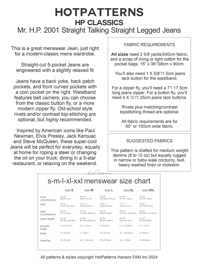 Mens Straight Leg Jeans Sewing Pattern: 5-pocket, S-XXL (PDF Download ...