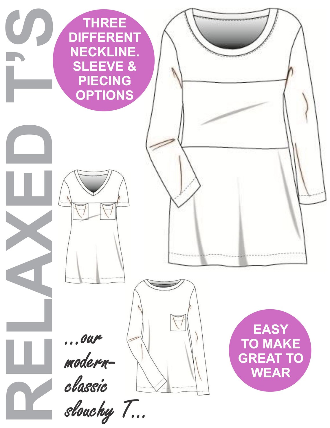 EASY T-shirt Sewing Pattern. Relaxed T. Boat Neck T. V-neck T. Scoop ...