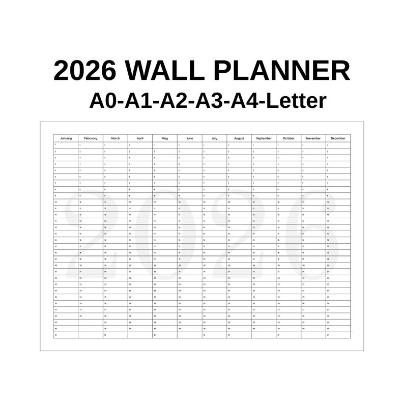 2026 Wall Planner Year at a Glance – Printable Yearly Calendar (PDF) - Etsy