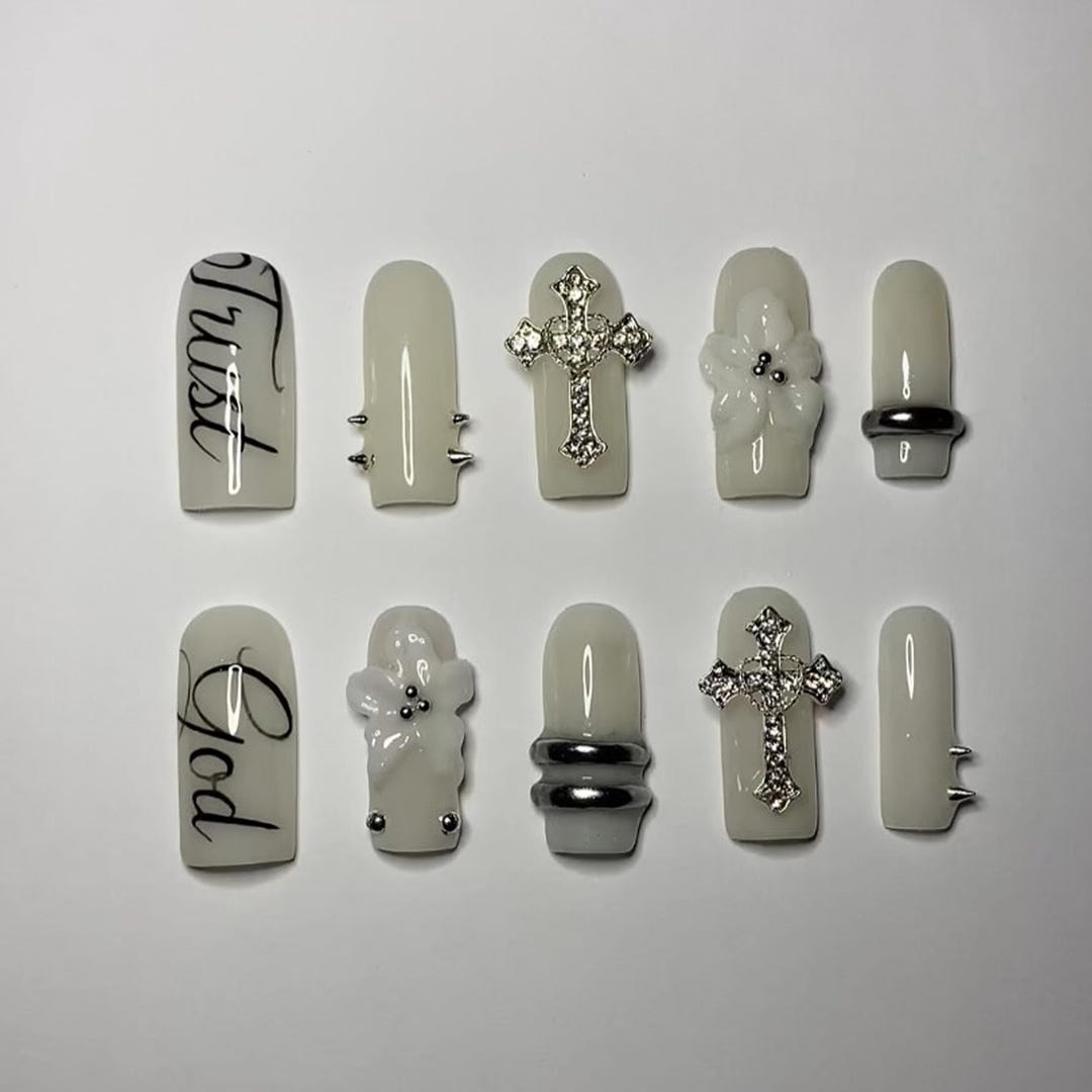 Trust God Press on Nails, Ivory Christian Nail Set, Cross and Faith ...