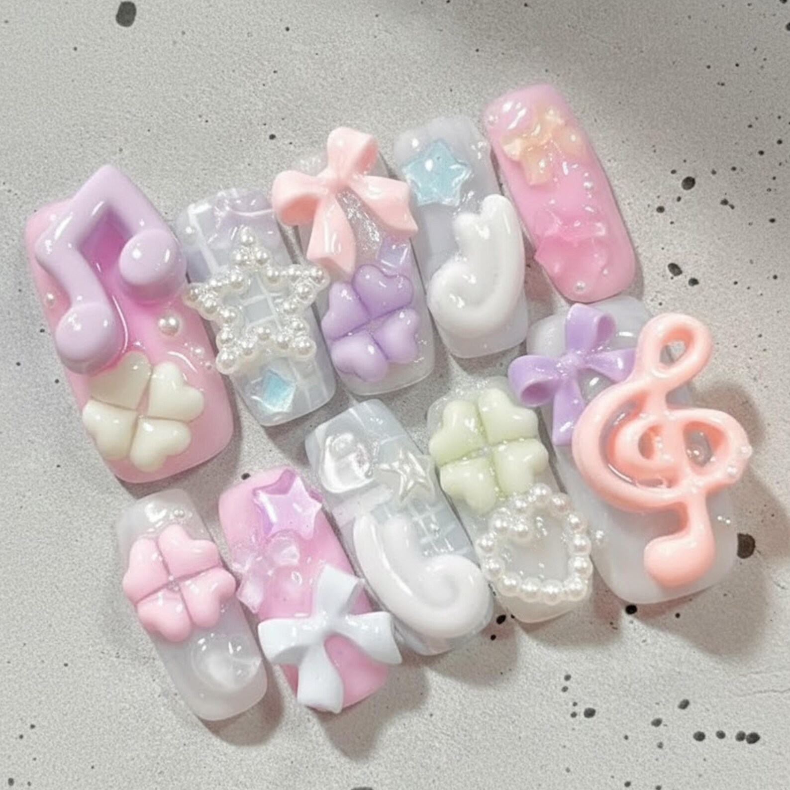Pastel Coquette Press on Nails, Music Note Nails, Bow Pearl Nails, Soft ...