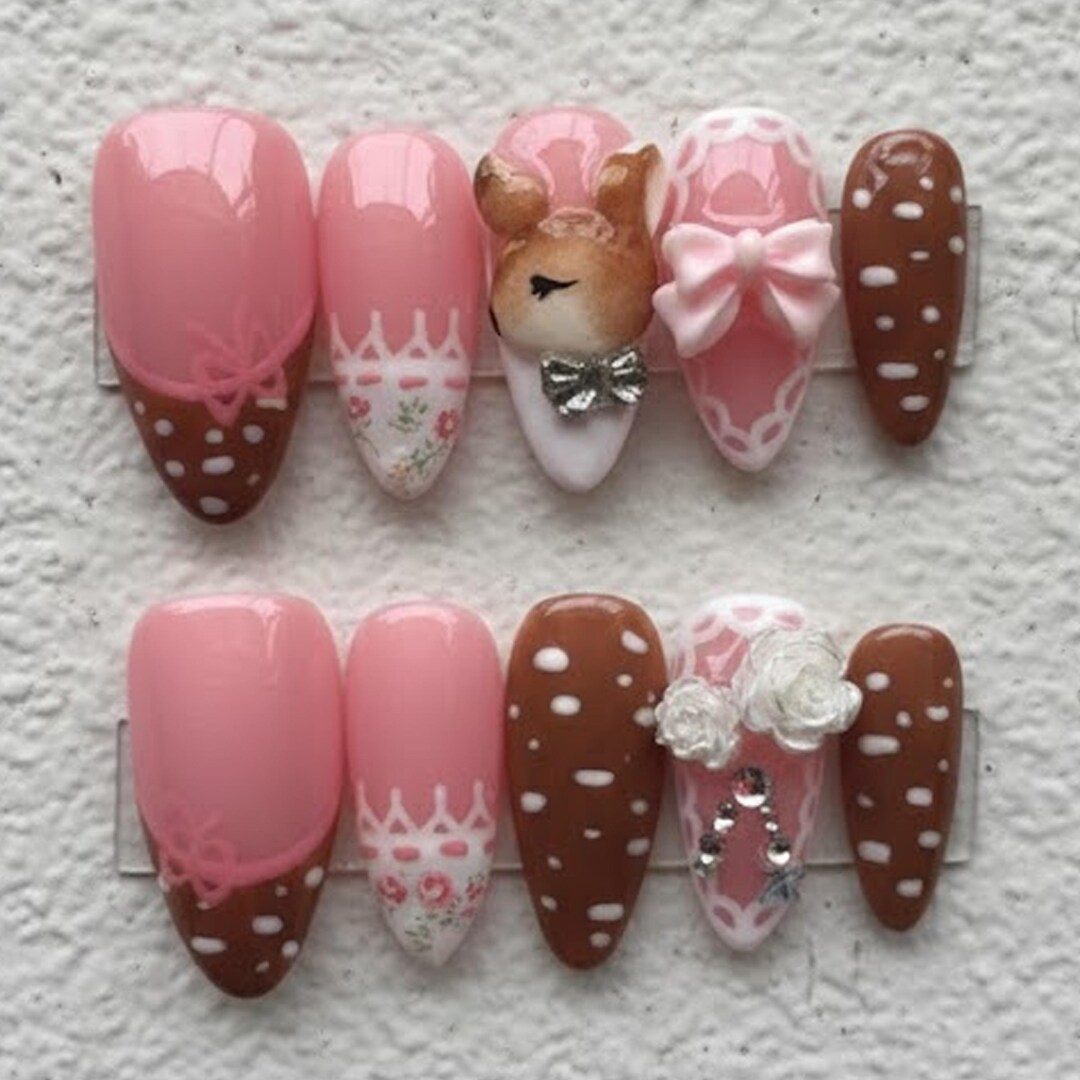 Kawaii Deer Press on Nails, Pink Brown Woodland Nails, Cute Fawn Nail ...