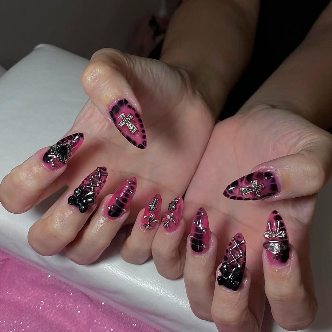 Goth Glam Press on Nails, Black and Magenta Chrome Nail Set With Charms ...