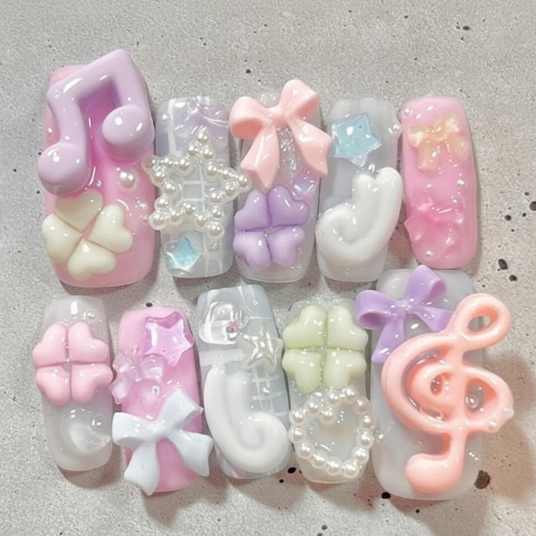 Pastel Coquette Press on Nails, Music Note Nails, Bow Pearl Nails, Soft ...