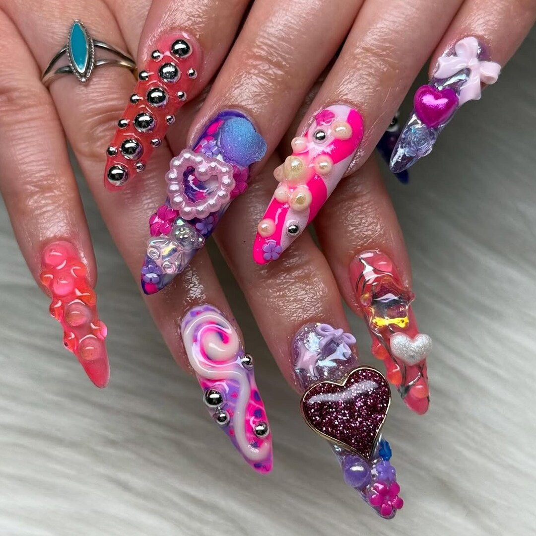 Pink Purple Freestyle Press on Nails, 3D Heart Pearl Nails, Swirl Jelly ...