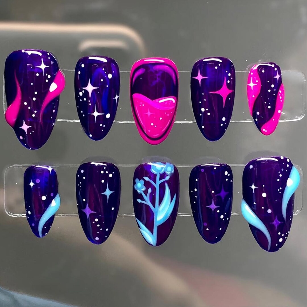 Galaxy Press on Nails, Purple Pink Cosmic Nail Set, Glossy Celestial ...