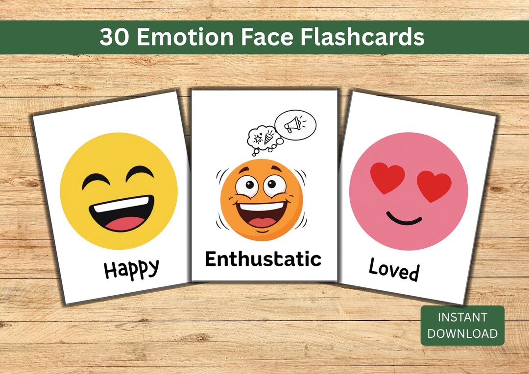 30 Emotion Face Flashcards, Printable Feelings Cards for Kids, Social ...