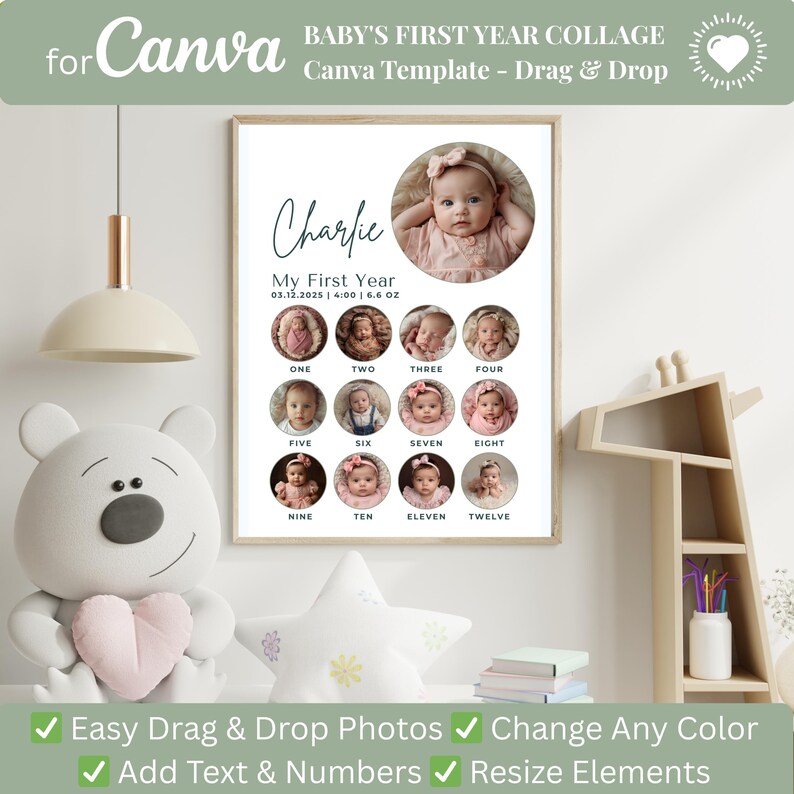 Baby First Year Photo Collage Canva Template, 12 Month Milestone ...