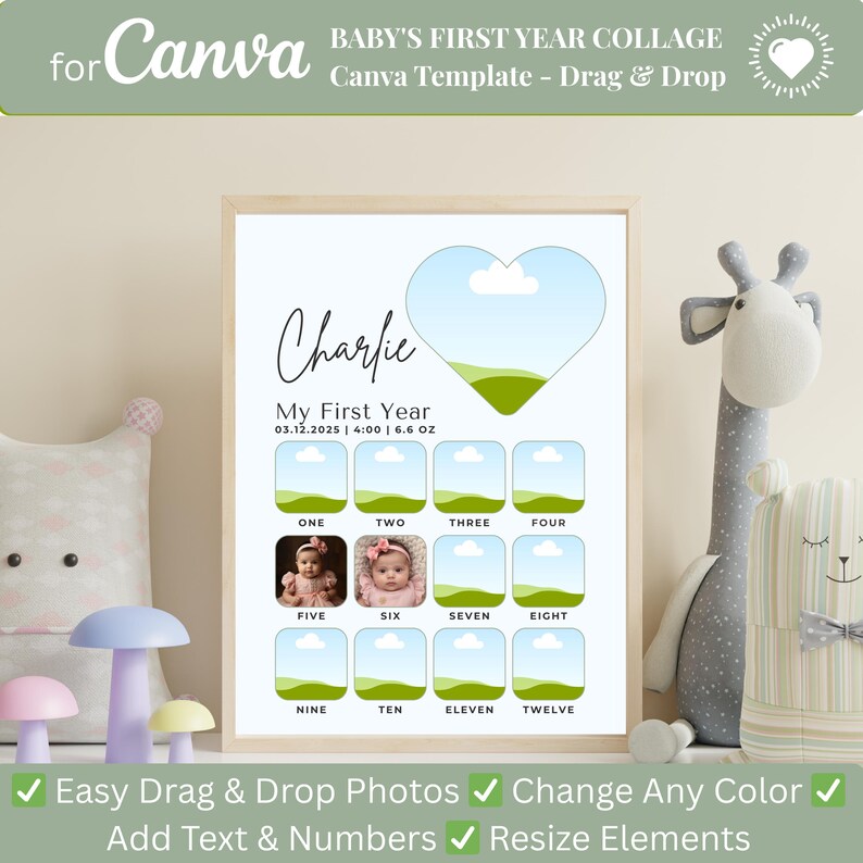 Baby First Year Photo Collage Canva Template, 12 Month Milestone ...