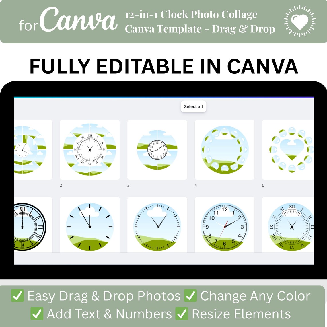 12-in-1 Clock Photo Collage Canva Template | Baby First Year Wall Clock ...