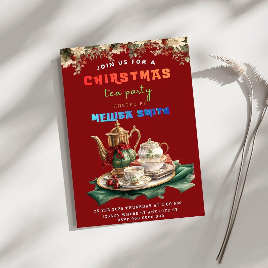 Editable Christmas Tea Party Invitation Template (5x7) Digital ...