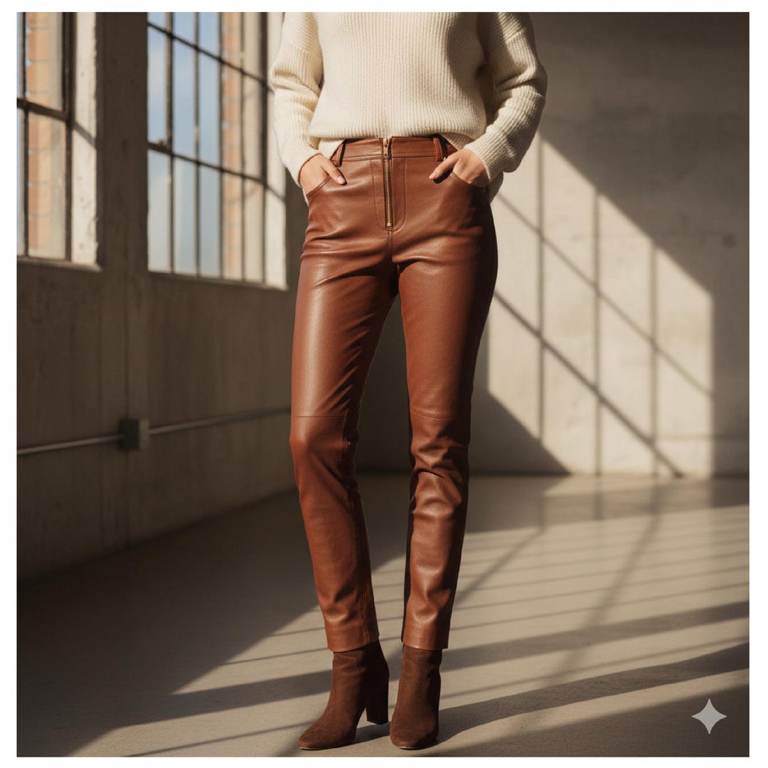 Cognac Leather Pants: Women's High-waist Trousers With Gold Zip - Etsy