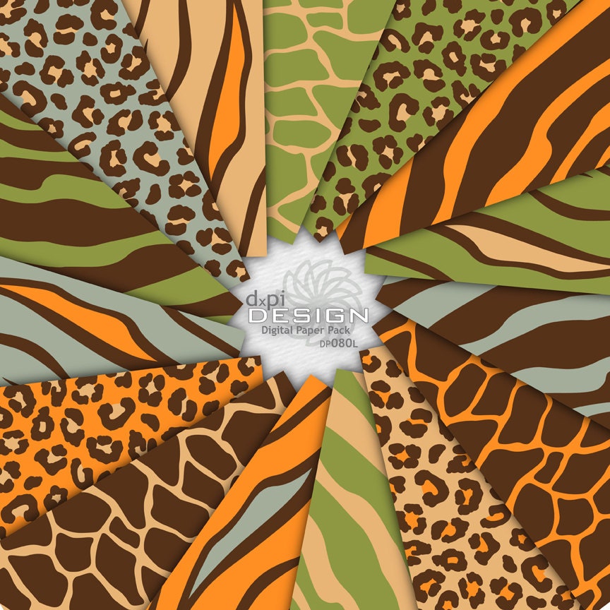 Retro Safari Digital Animal Print Paper in Orange Green & Brown ...