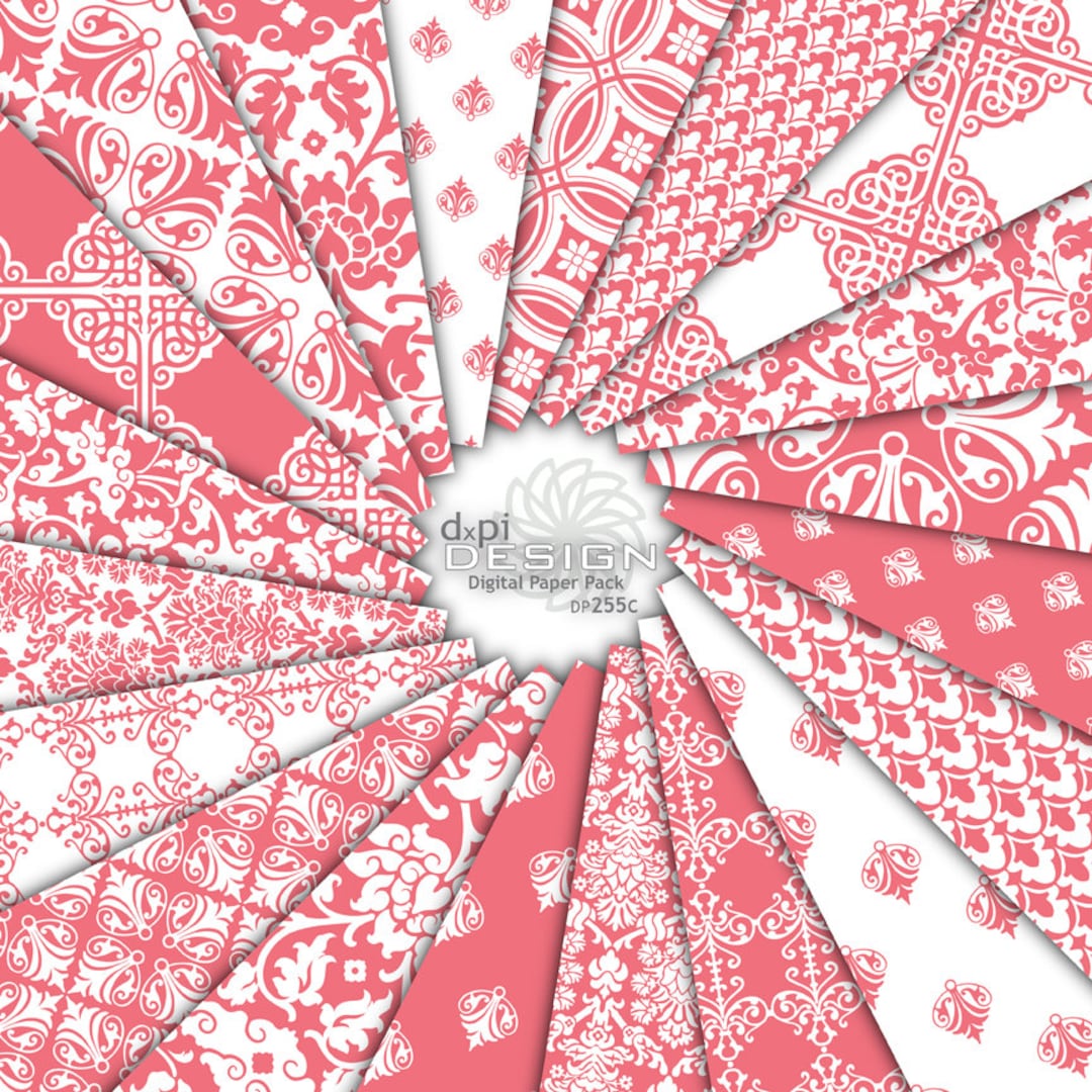 Coral Pink Digital Paper & Printable Damask Backgrounds - Pink Digital ...