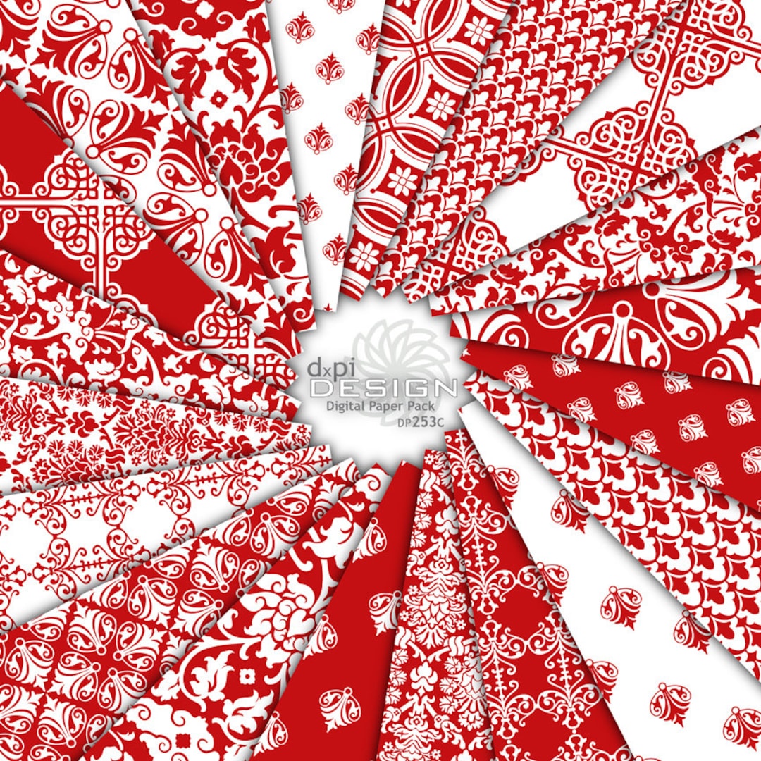 Red Damask Digital Paper & Printable Background Designs - Fancy Red and ...