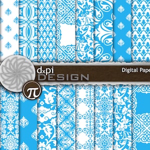 Bright Blue Damask Digital Paper & Printable Backgrounds - Digital Blue ...