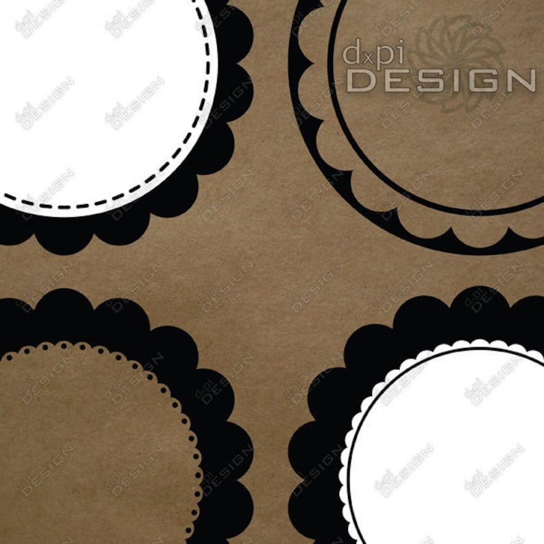 Round Scalloped Frames Digital Clip Art - Printable Circular Labels ...