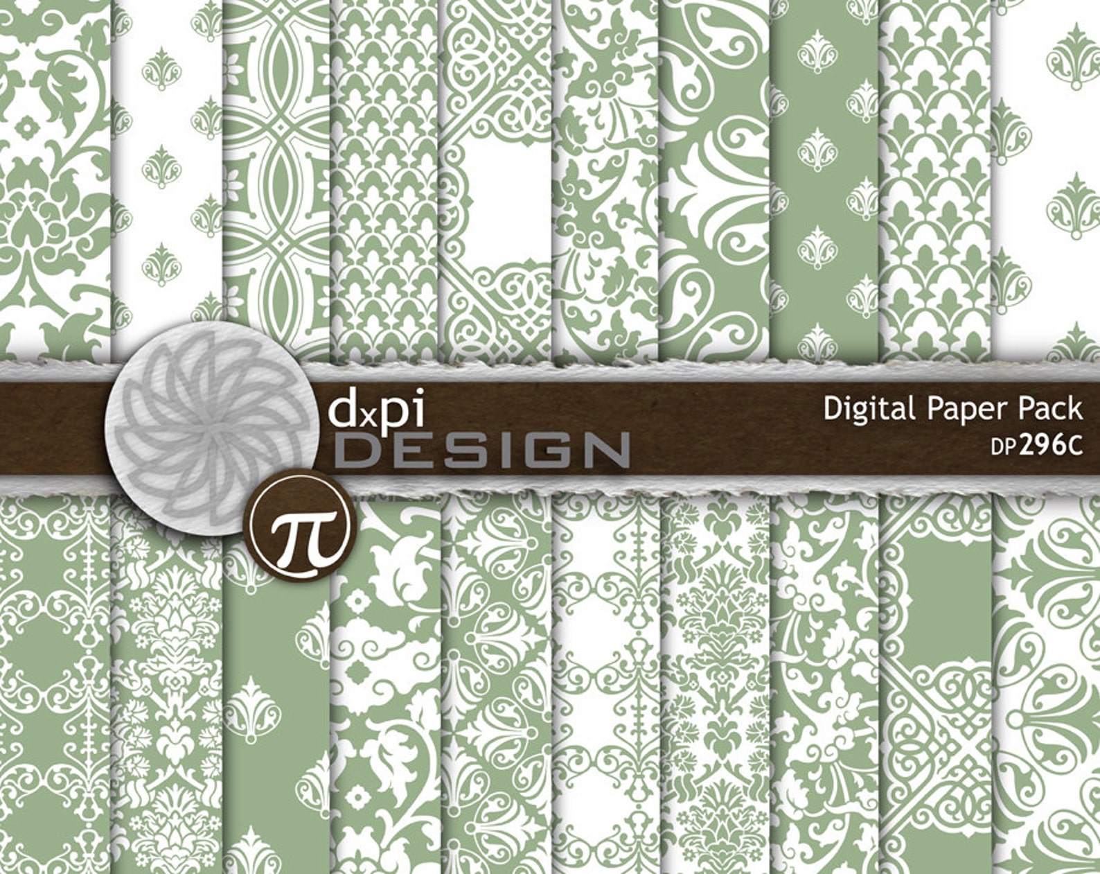 Sage Green Damask Digital Paper & Printable Backgrounds - Formal Green ...