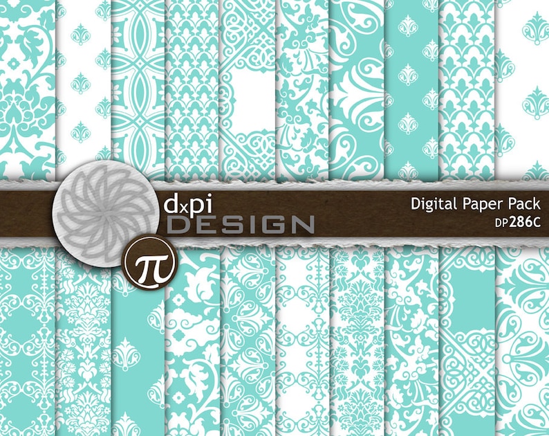 Aqua Blue Digital Damask Paper & Background Designs for Scrapbooking ...