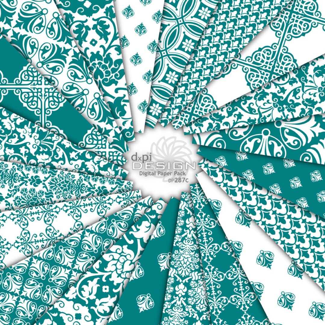 Teal Damask Digital Paper & Printable Background Designs - Teal and ...