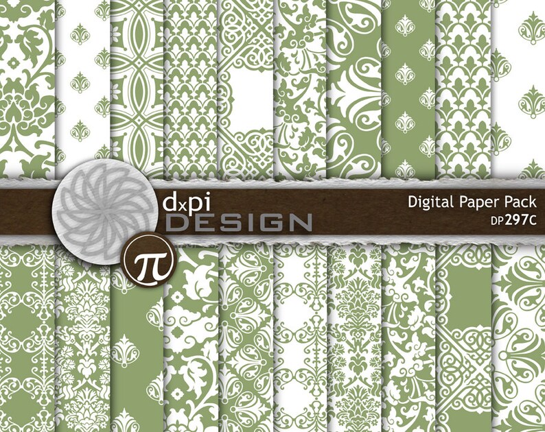 Moss Green Damask Digital Paper & Printable Backgrounds - Gray-green ...
