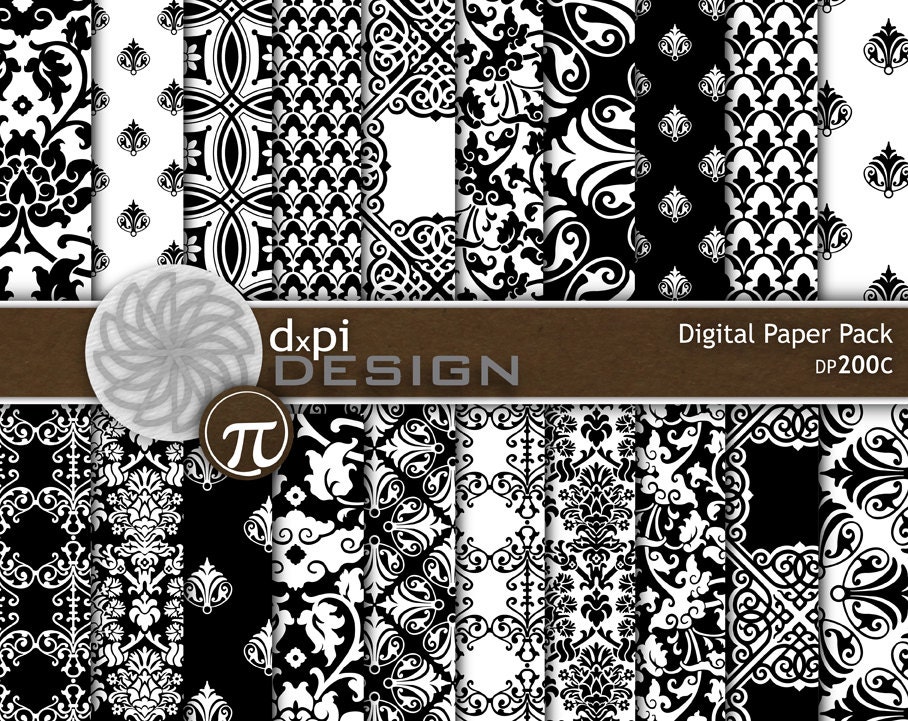 Black & White Damask Digital Paper and Background Images - Printable ...