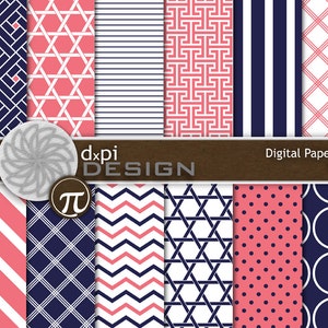 Coral & Navy Digital Paper and Printable Backgrounds Digital Scrapbook ...