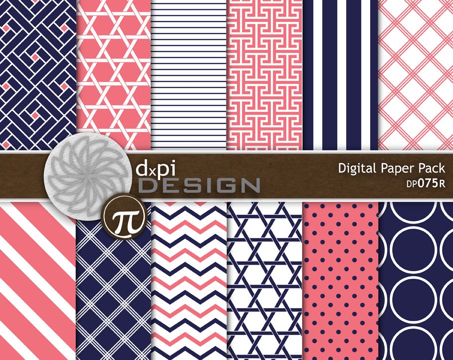 Coral & Navy Digital Paper and Printable Backgrounds - Etsy