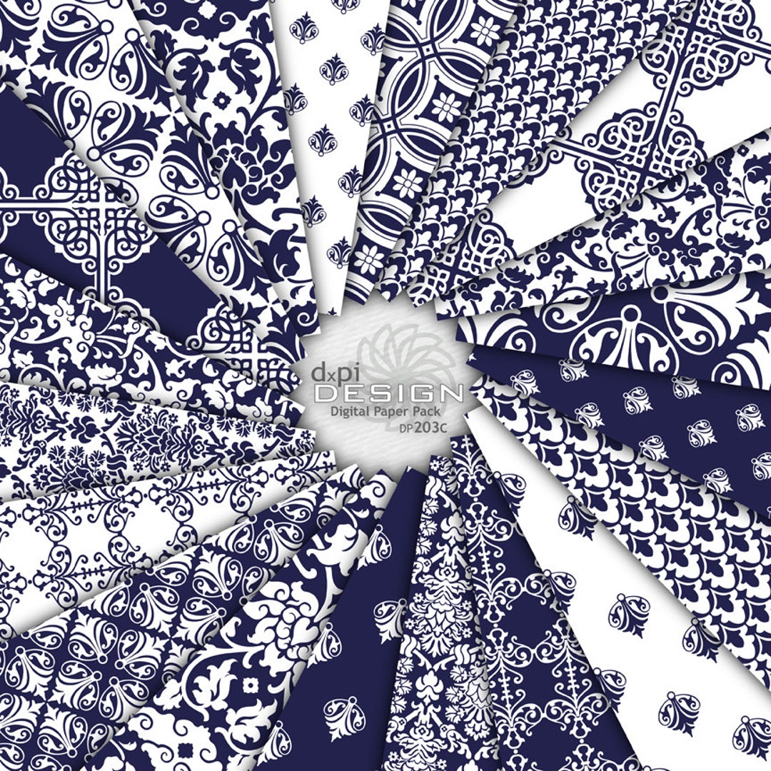 Navy Damask - Digital Paper & Printable Background Images - Navy Blue ...