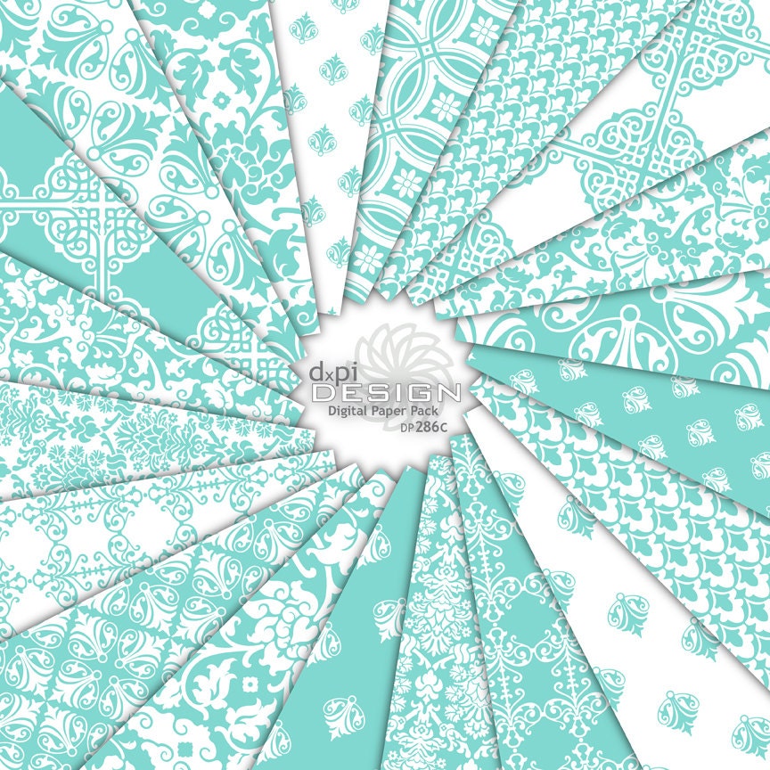 Aqua Blue Digital Damask Paper & Background Designs for Scrapbooking ...