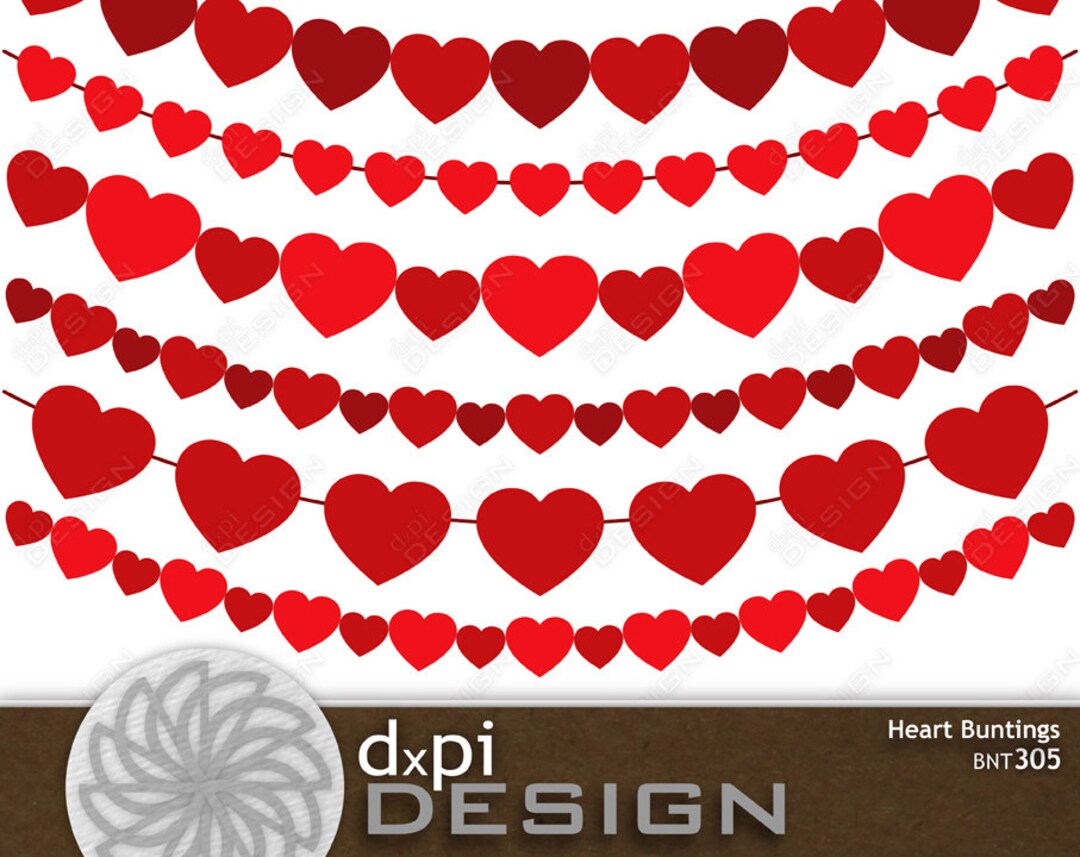 Digital Red Heart Buntings - Valentine Clip Art Buntings With Red ...