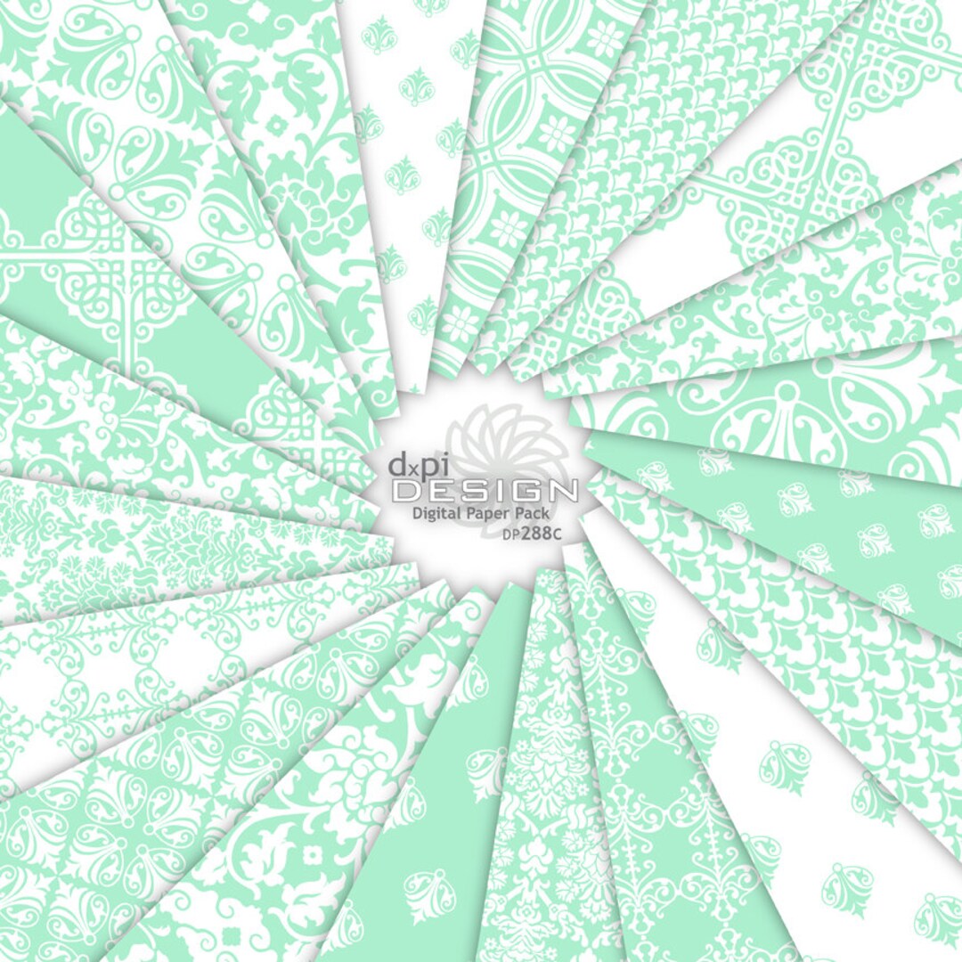 Seafoam Green Damask Digital Scrapbook Paper - Light Mint Green ...