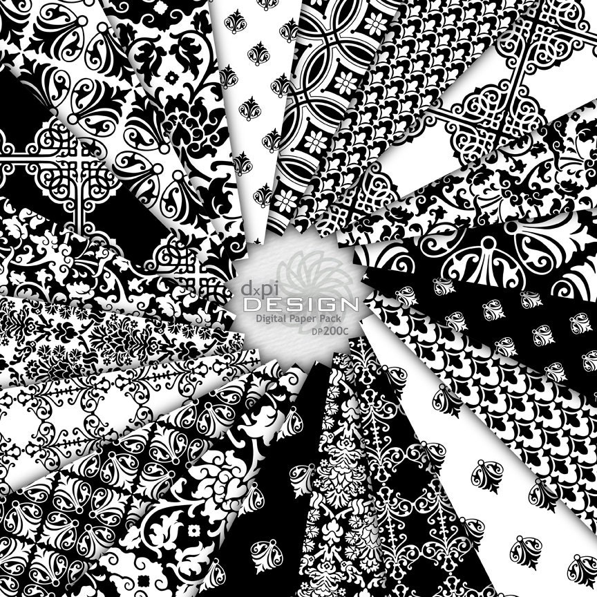 Black & White Damask Digital Paper and Background Images - Printable ...