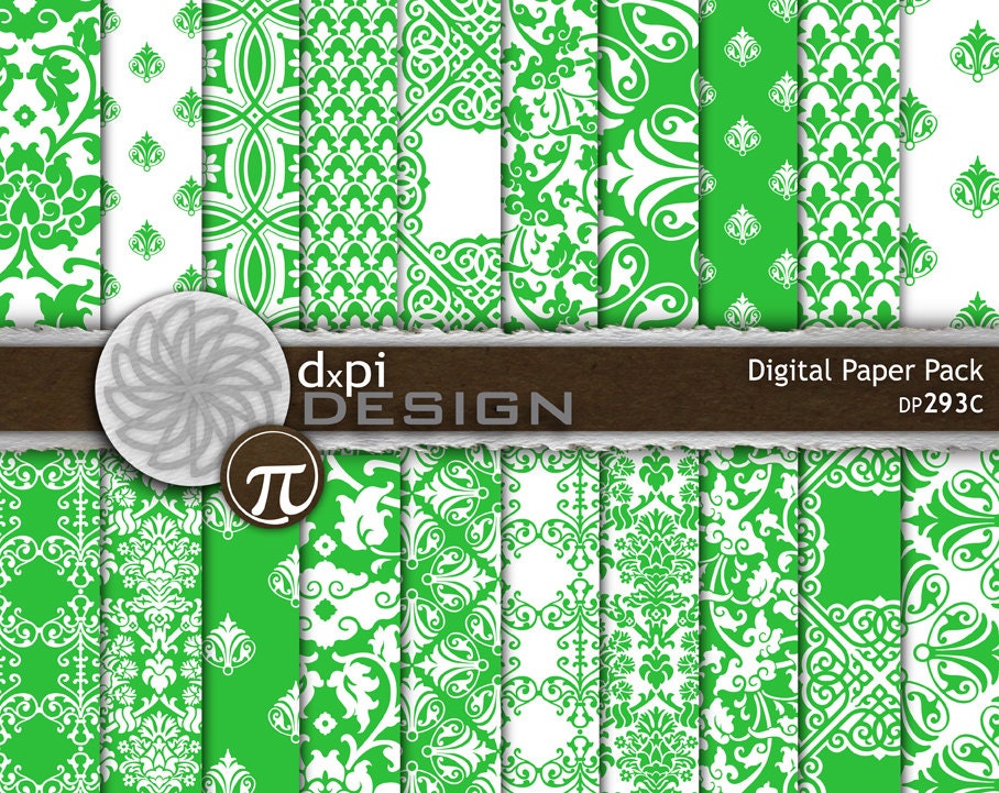 Kelly Green Damask Digital Paper & Printable Background Patterns Bright ...