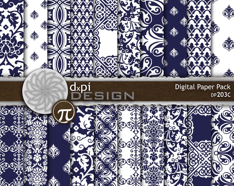Navy Damask - Digital Paper & Printable Background Images - Navy Blue ...