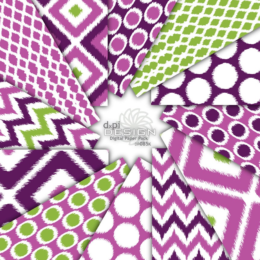 Purple & Green Ikat Digital Scrapbook Paper Backgrounds Digital Pink ...
