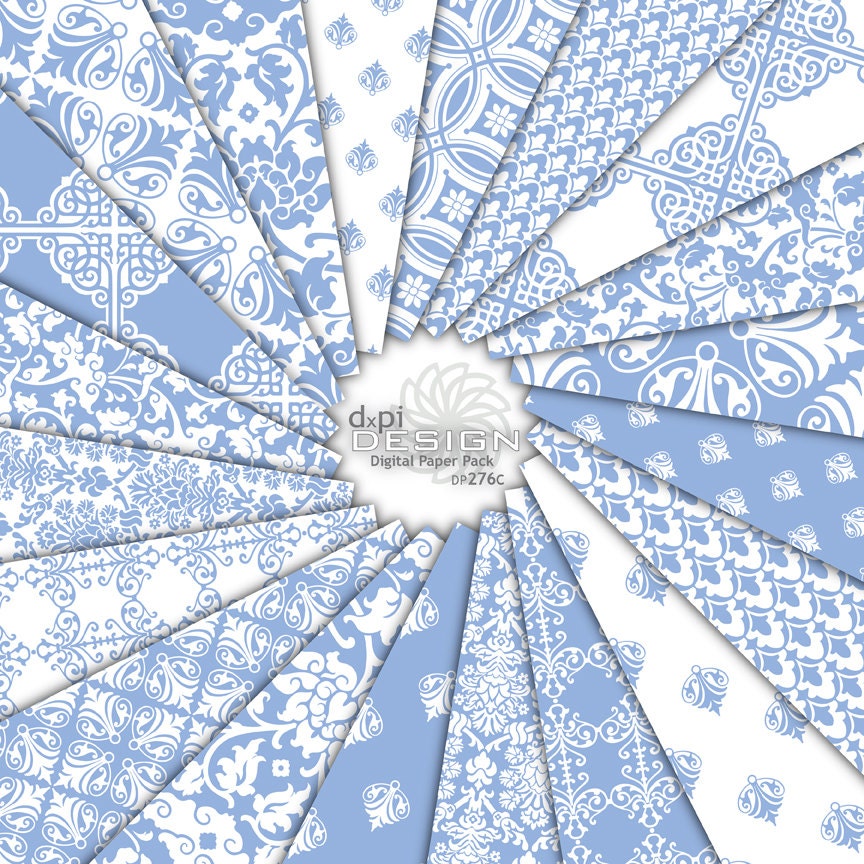 Country Blue Damask Digital Paper and Background Patterns - Soft Blue ...